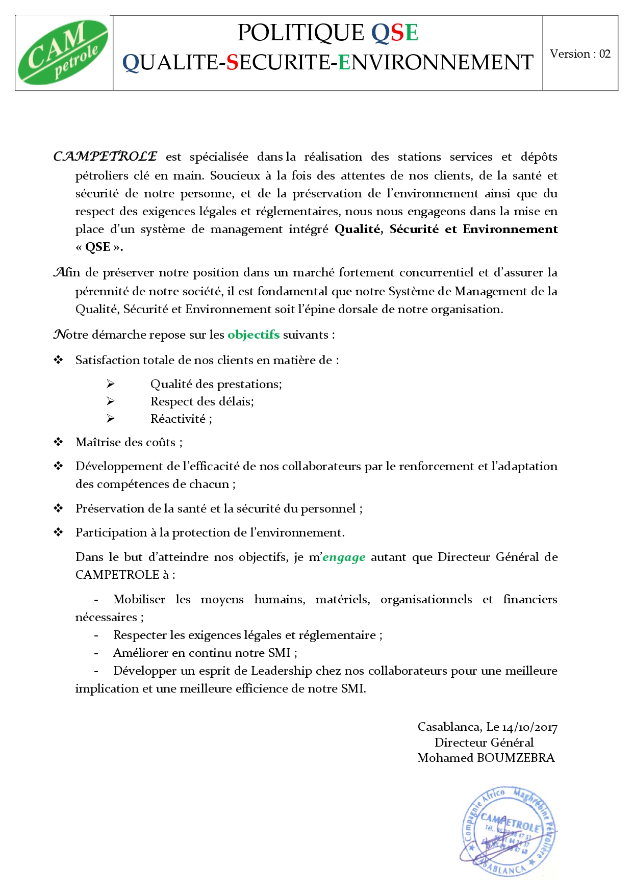 Notre politique QSE – CAMPETROLE